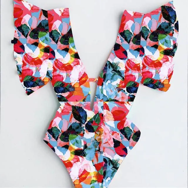 Sexy One Piece Swimwear Floral Deep-V Bathing Suit