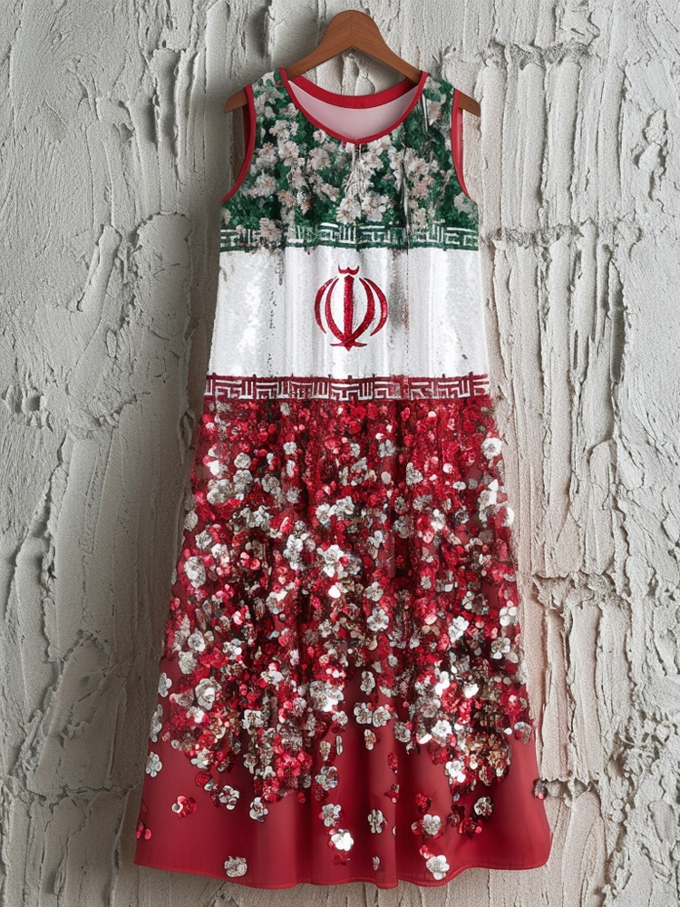Iranian Flag Color Sequin Floral Pattern Linen Midi Dress