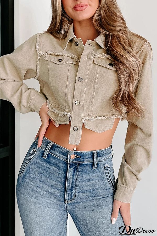 Dramatic Opening Pocket Raw Button Cropped Jacket | DnDress.com