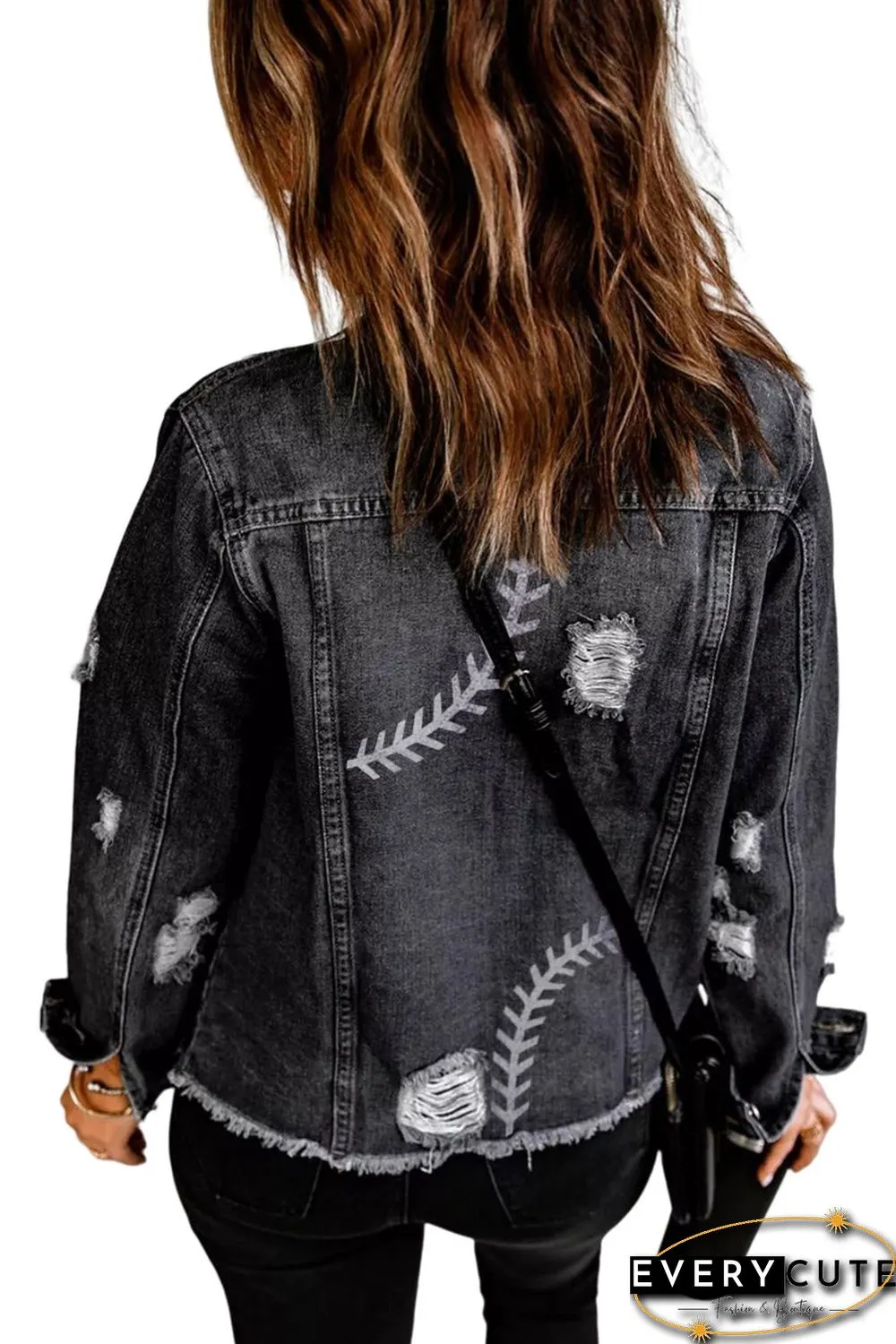 Wholesale Black Laser Etching Baseball Pattern Distressed Denim Jacket ...