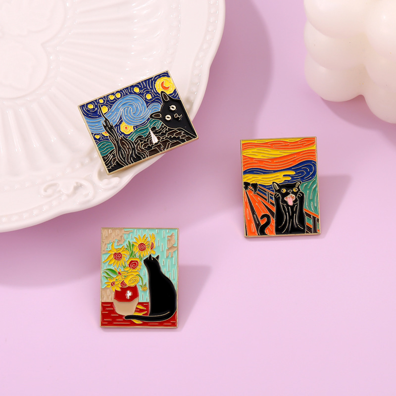 Creative Oil Painting Series Van Gogh Sunflower Scream Starry Sky Enamel Pin Brooch Cute Animals ...