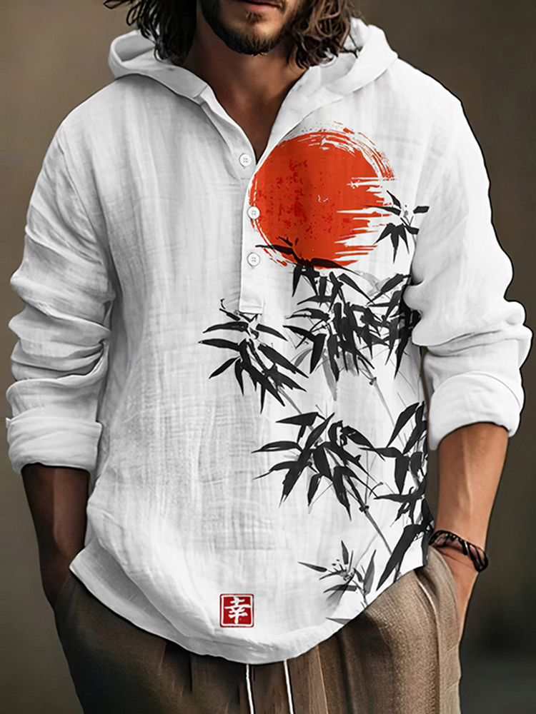 Funbibi Men's Japanese Bamboo Forest Red Sun Art Print Hooded Shirt