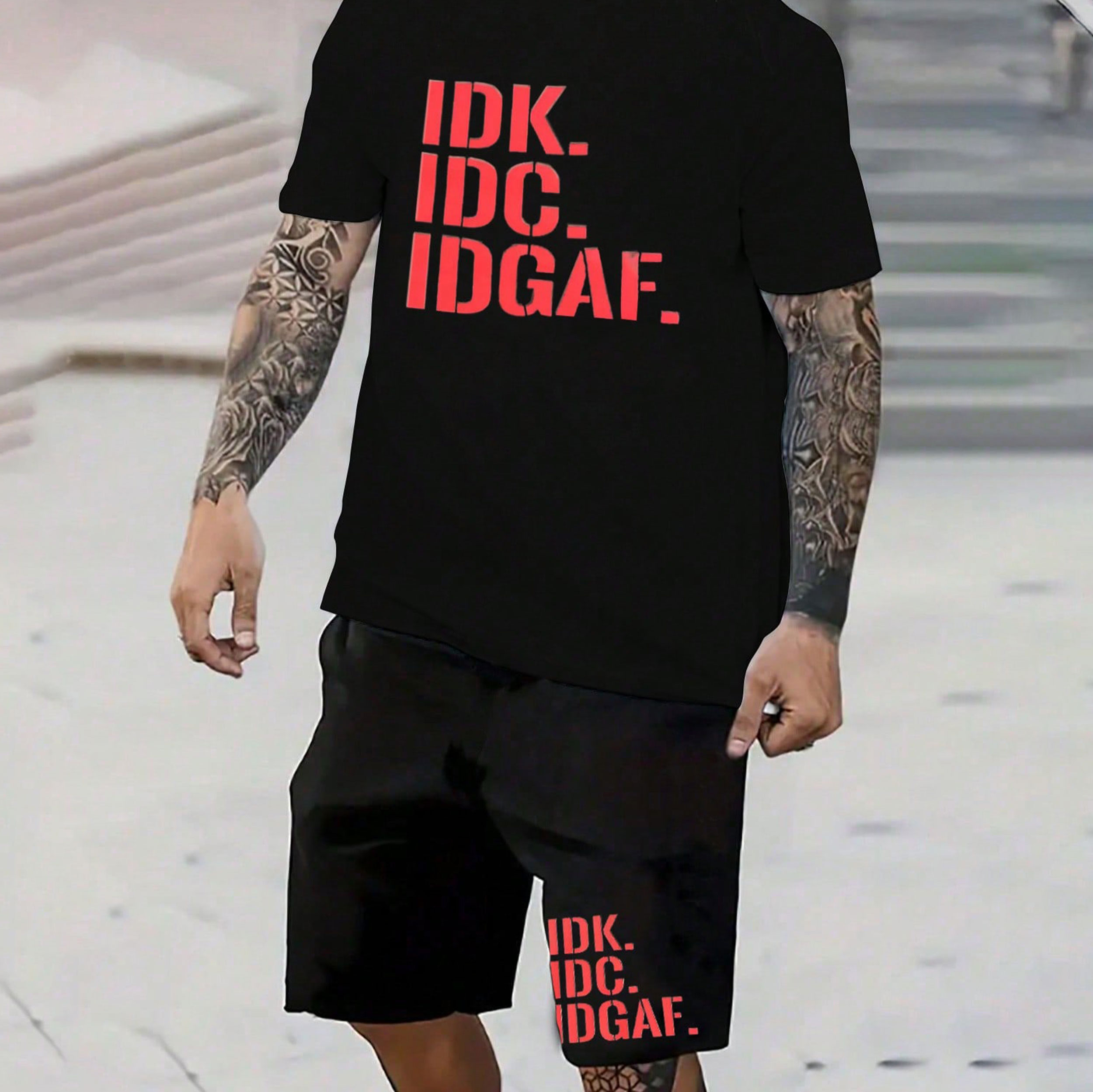 IDK. IDC. IDGAF. Black T-shirt and Shorts Printed Suit
