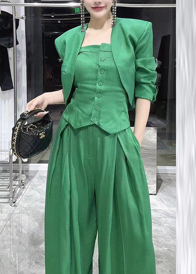 Sexy Green V Neck Coats Tube Top And Wide Leg Pants Three Pieces Set ...