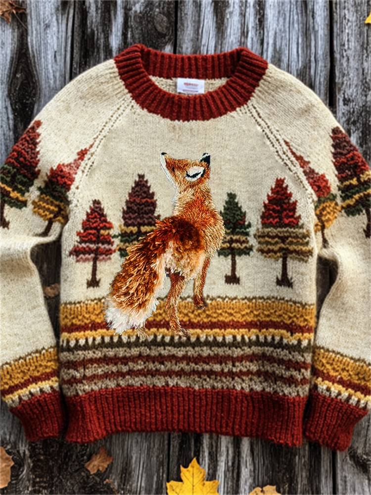 Forest Fox Fringe Embroidered Cozy Knit Isle Sweater