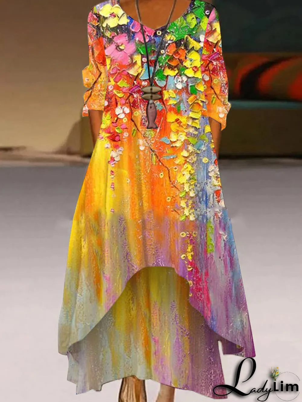 Color Oil Painting Two Layer Hem Dress - Ladylim