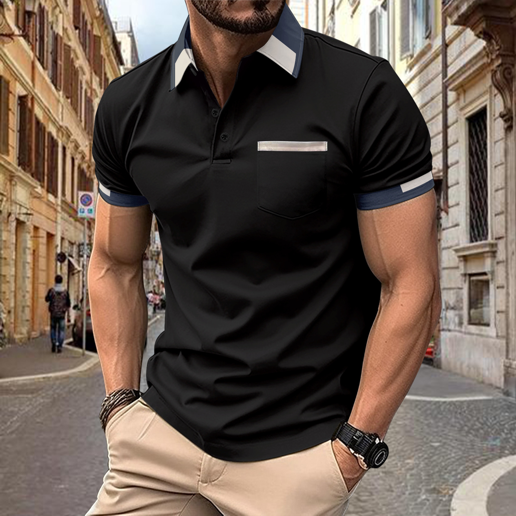 Man's clothing Men's casual POLO shirt chest pocket V-neck button ...