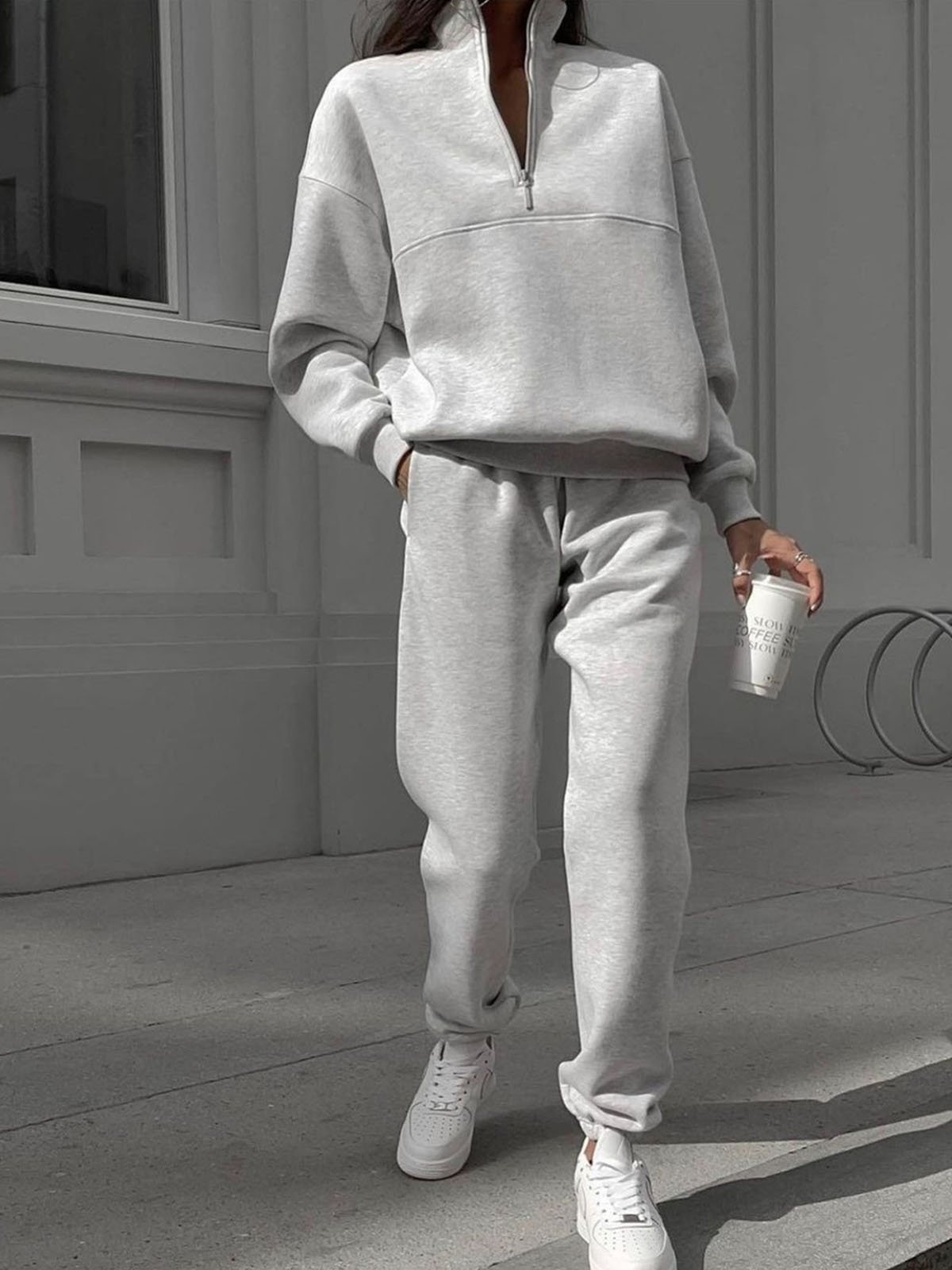 Plain Stand Collar Loose Casual Sweatshirt set