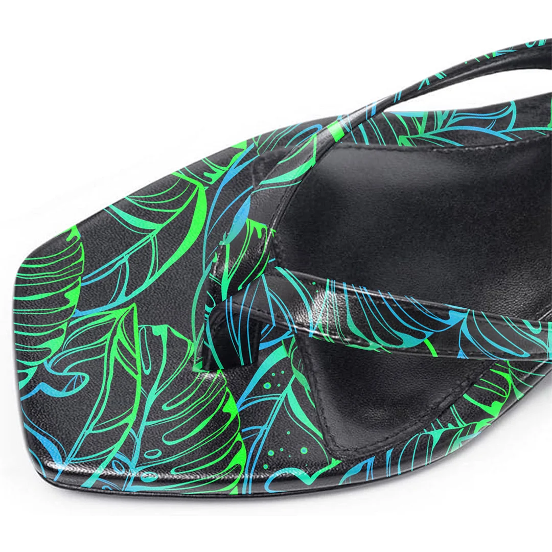 Green & Black Open Square Toe Kitten Heel Flip Flops for Women