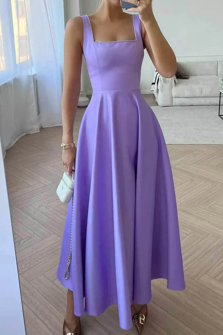 Lilac Square Neckline A-Line Prom Maxi Dress - LoopLike