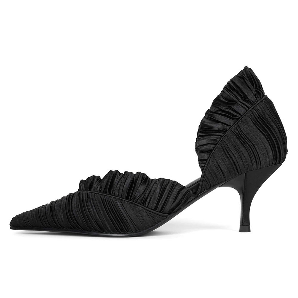 Black Satin Pointed Toe Kitten Heel Ruched Ruffle Elegant Pumps