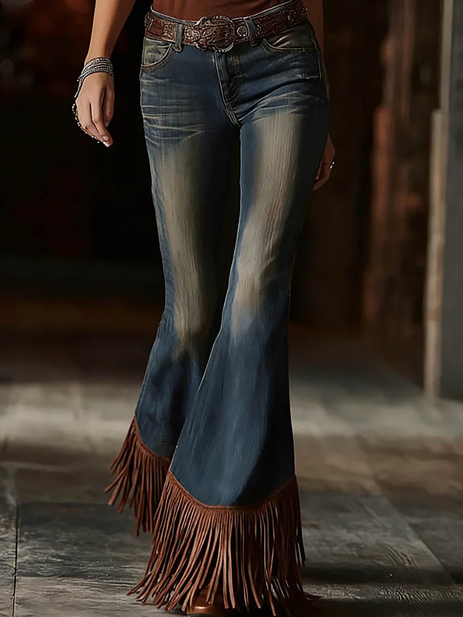 Women's Casual Vintage Tassel Denim Pants