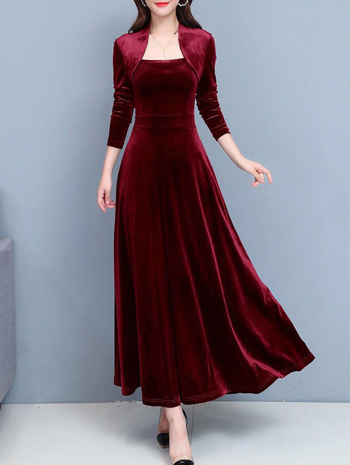 Retro Three-quarter Sleeve Golden Velvet Maxi Dress - Ladylim