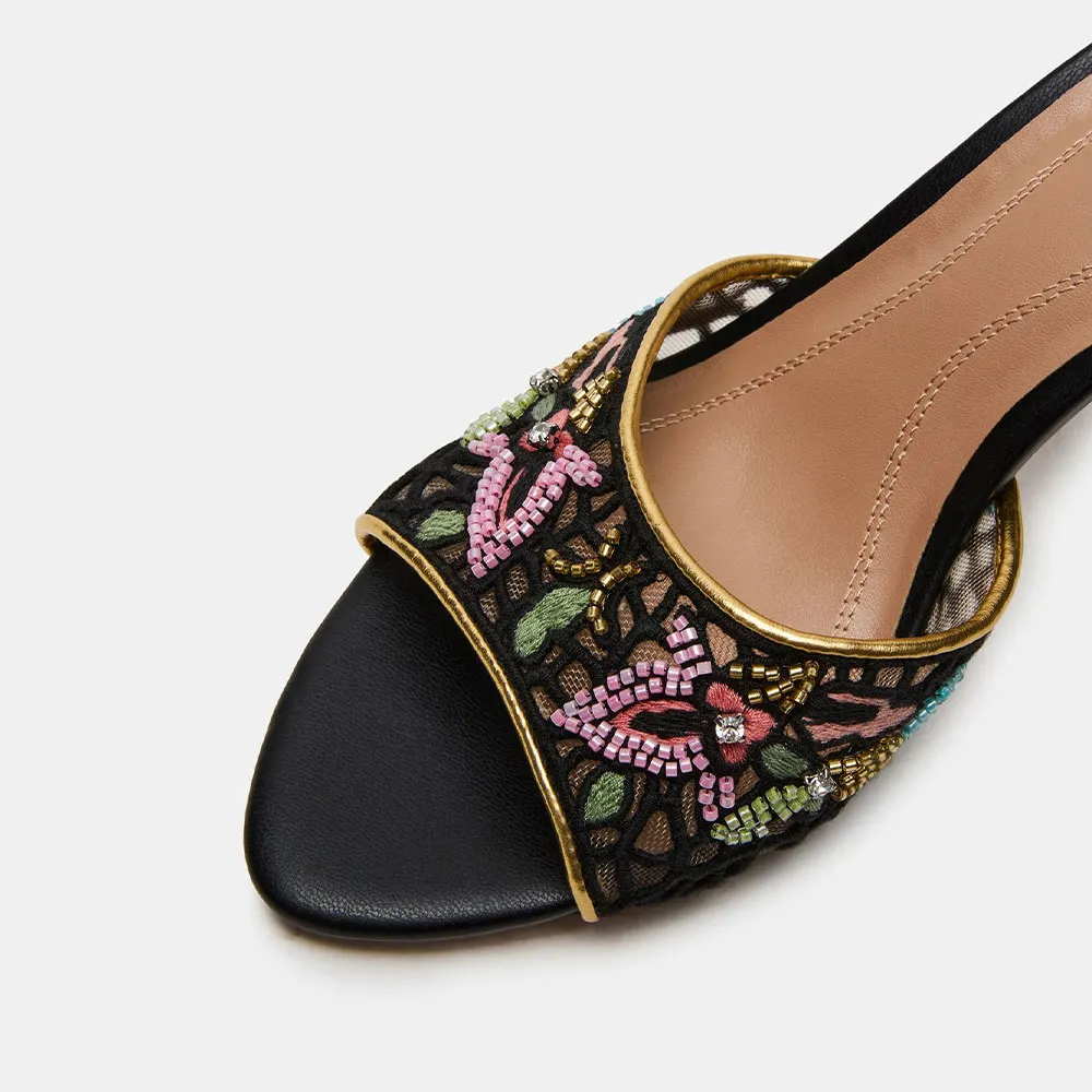 Black Open Pointed Toe Spool Heel Embroidered Mules Shoes with Beads