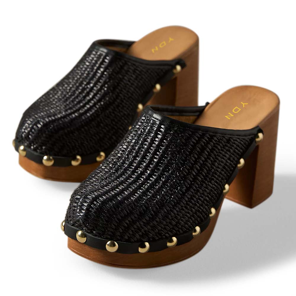 Black Raffia Round Toe Studded Heeled Clogs with Platform