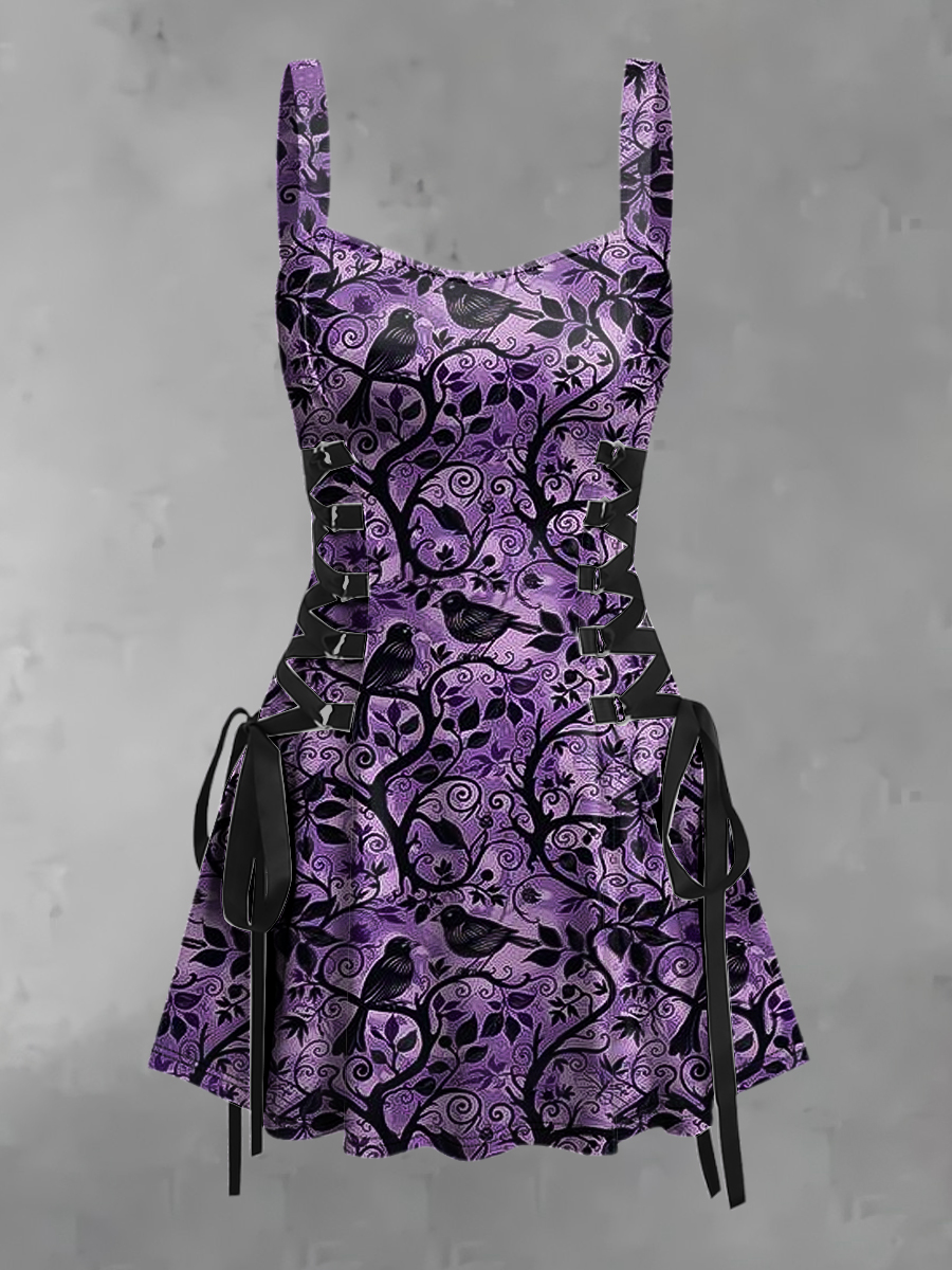 Women's Vintage Gothic Punk Twig Birds Print Strappy Sleeveless Strappy ...