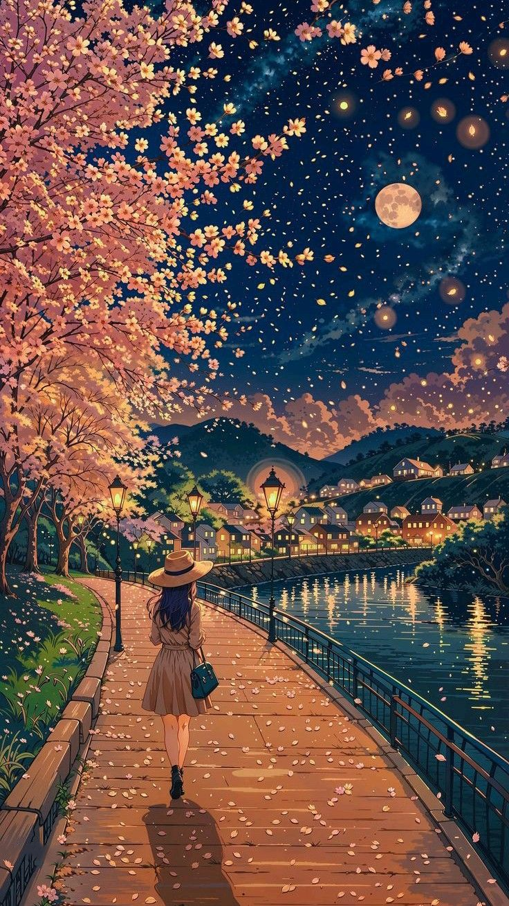 Cherry Blossom Tree Moonlit Night Walking Girl (40*70cm) Diamond Painting
