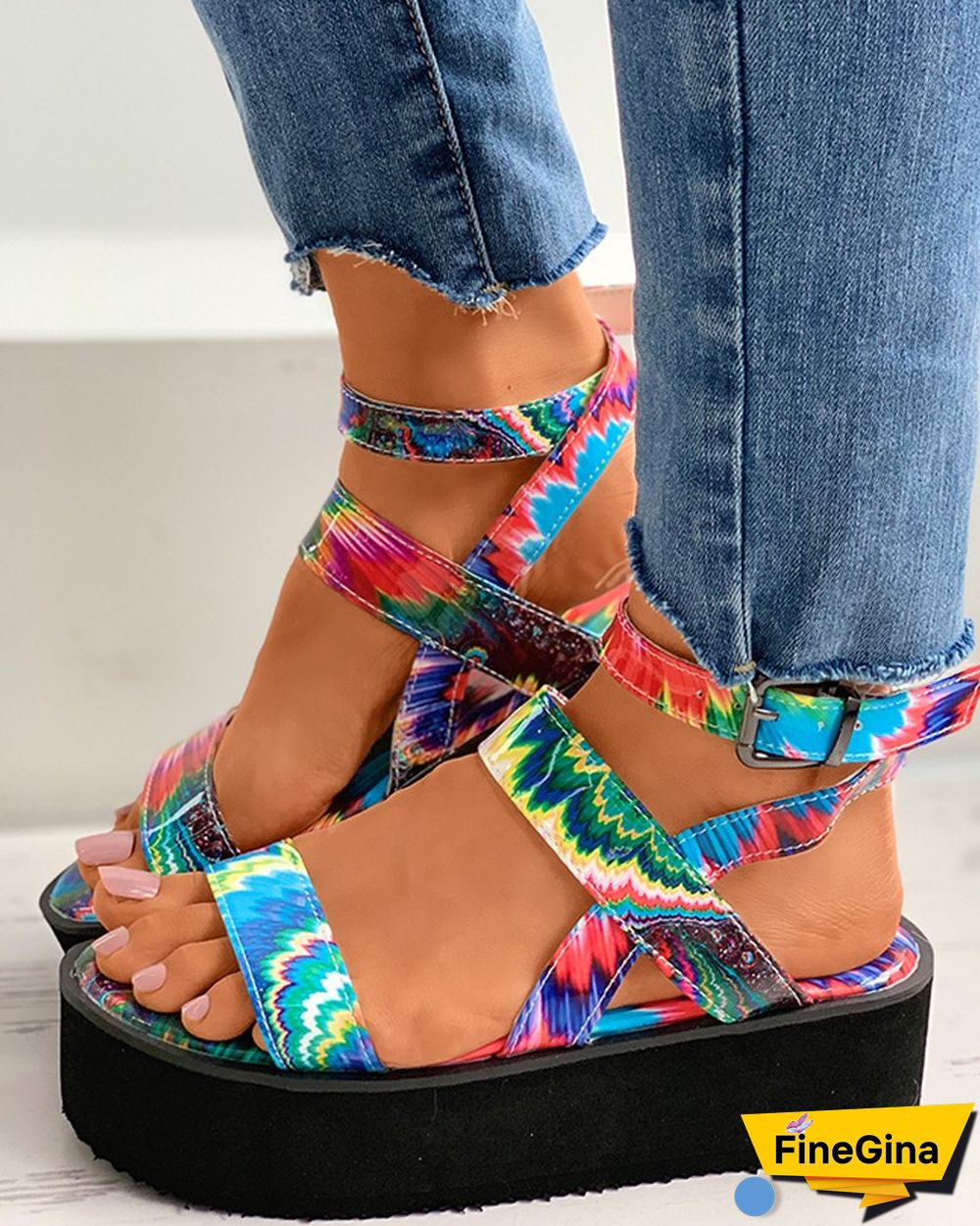 FineGina Colorblock Ankle Strap Platform Sandals