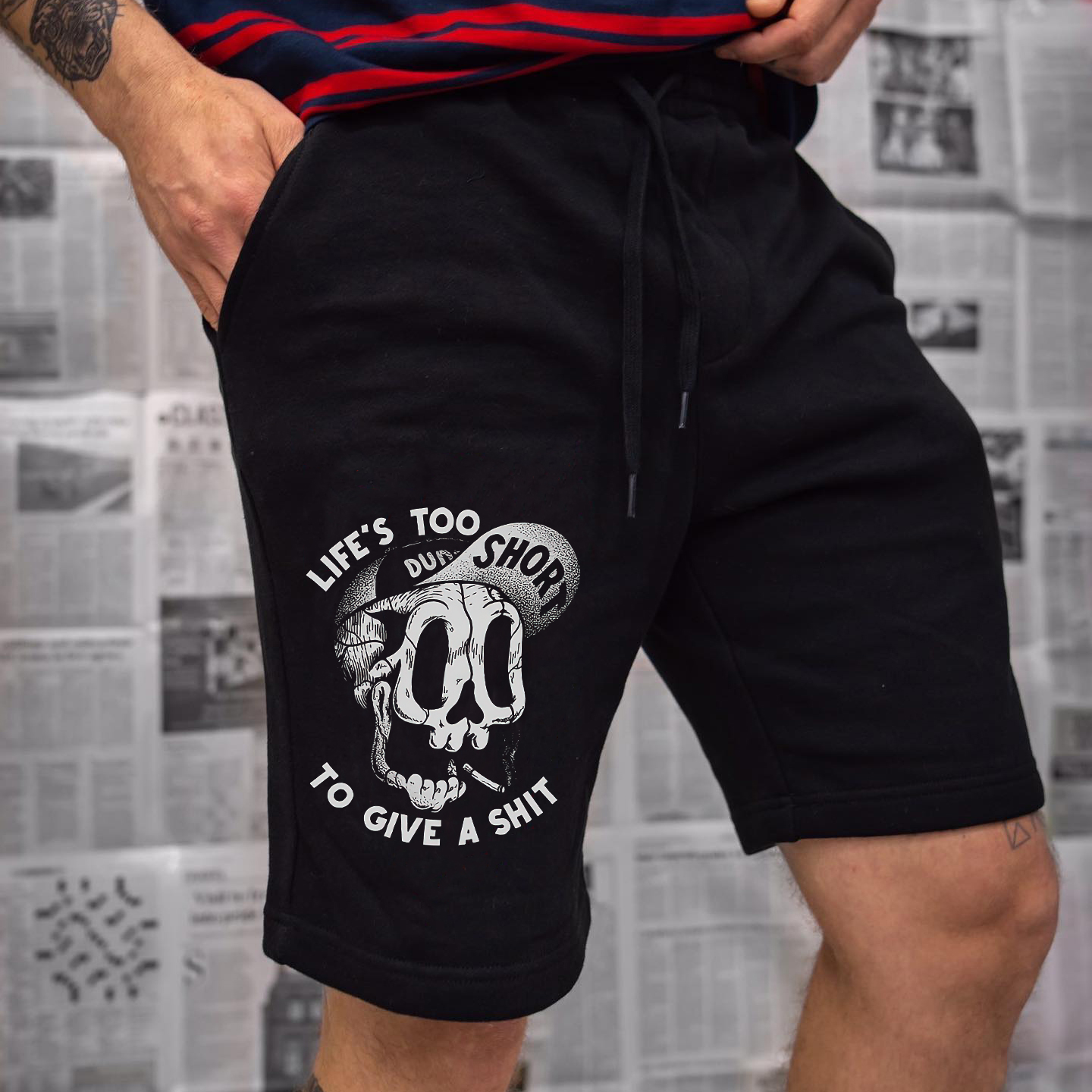 MOTOSUNNY LIFE'S TOO SHORT TO GIVE A SHIT Skull Black Print Shorts