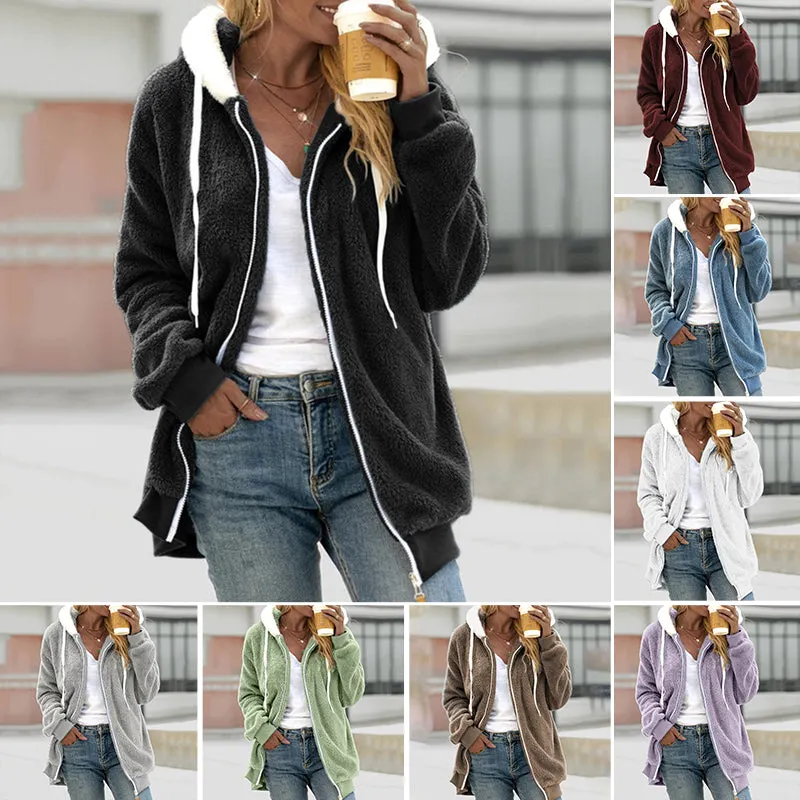 Women‘s Loose Warm Hooded Jacket With Zip