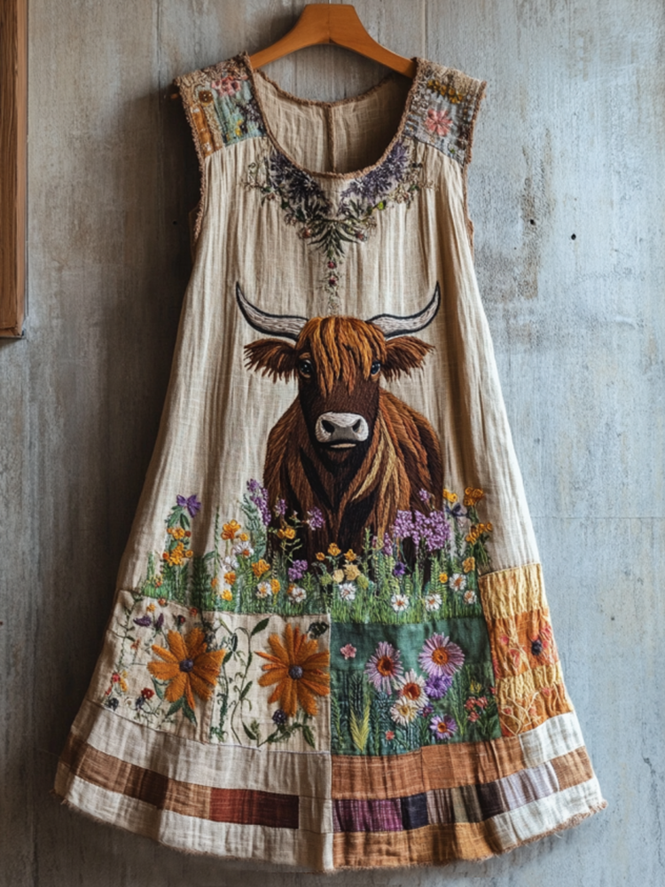 Vintage Floral With Highland Cow Patchwork Embroidered Cozy Linen Midi ...