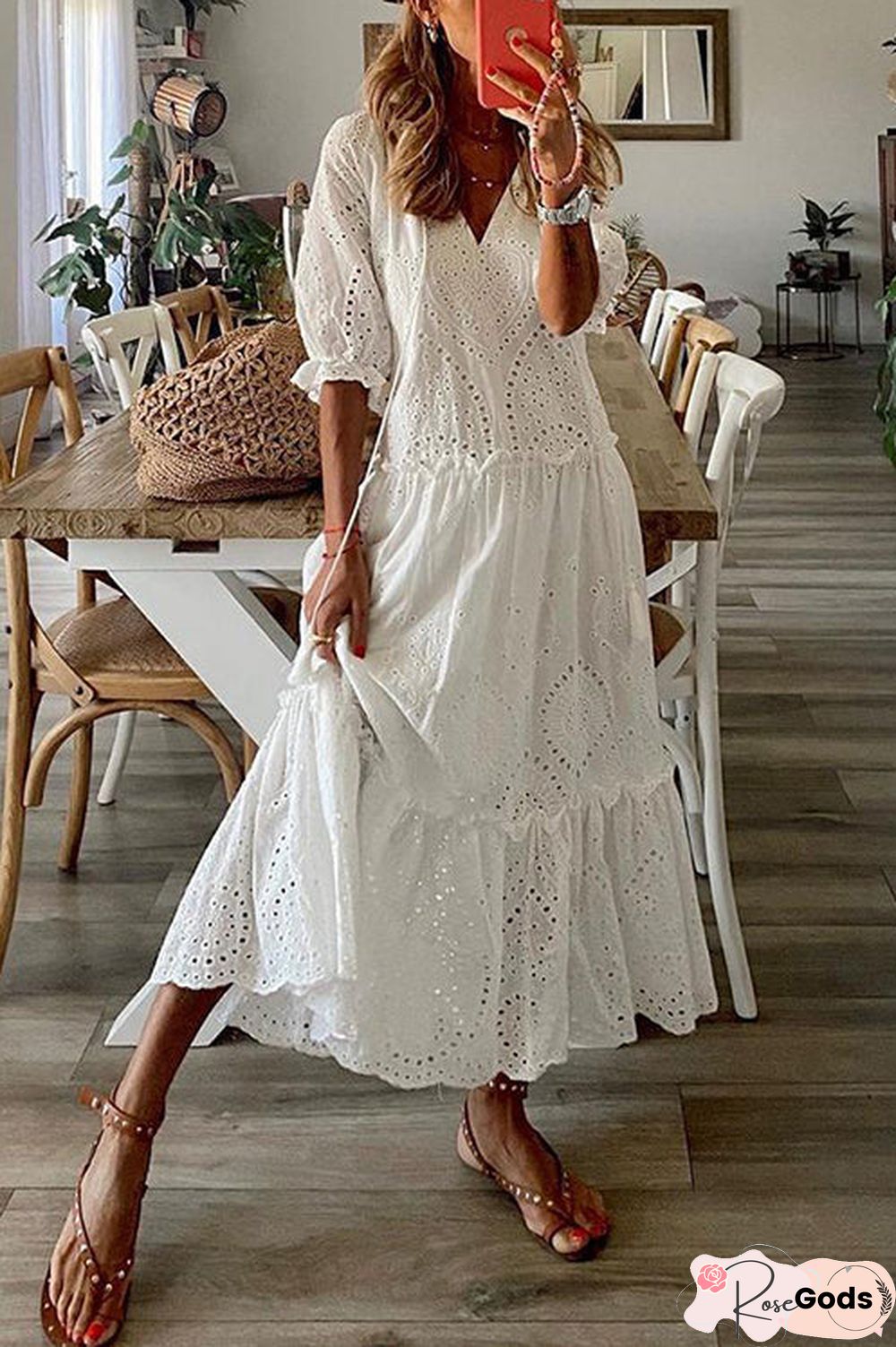 Eyelet Tassels Tiered Maxi Dress