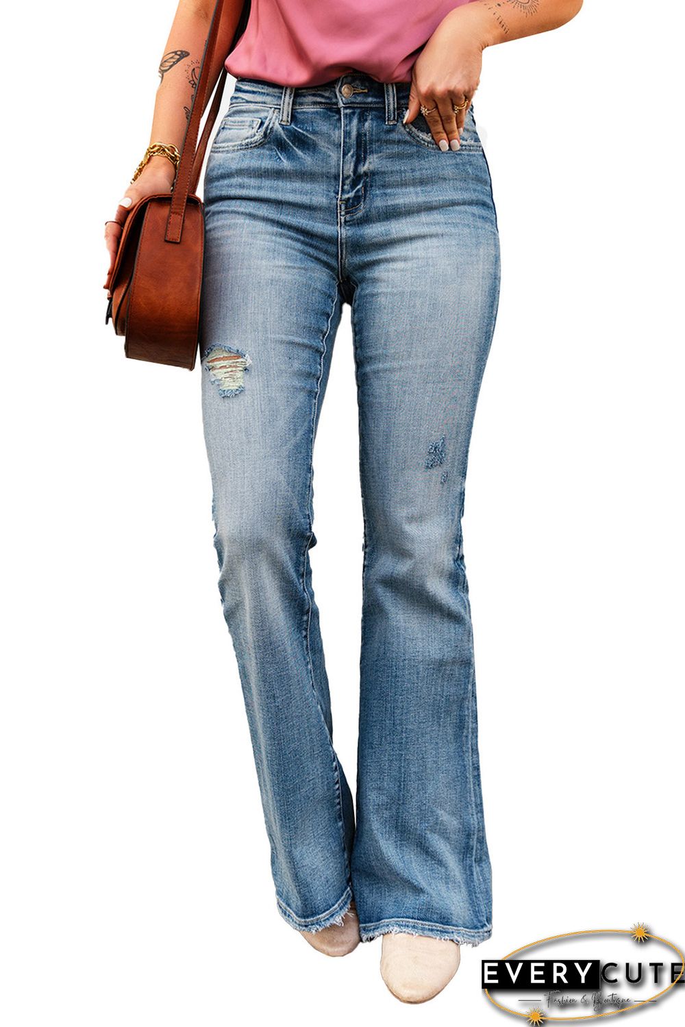 Wholesale Sky Blue High Waist Ripped Raw Hemline Flare Jeans Online