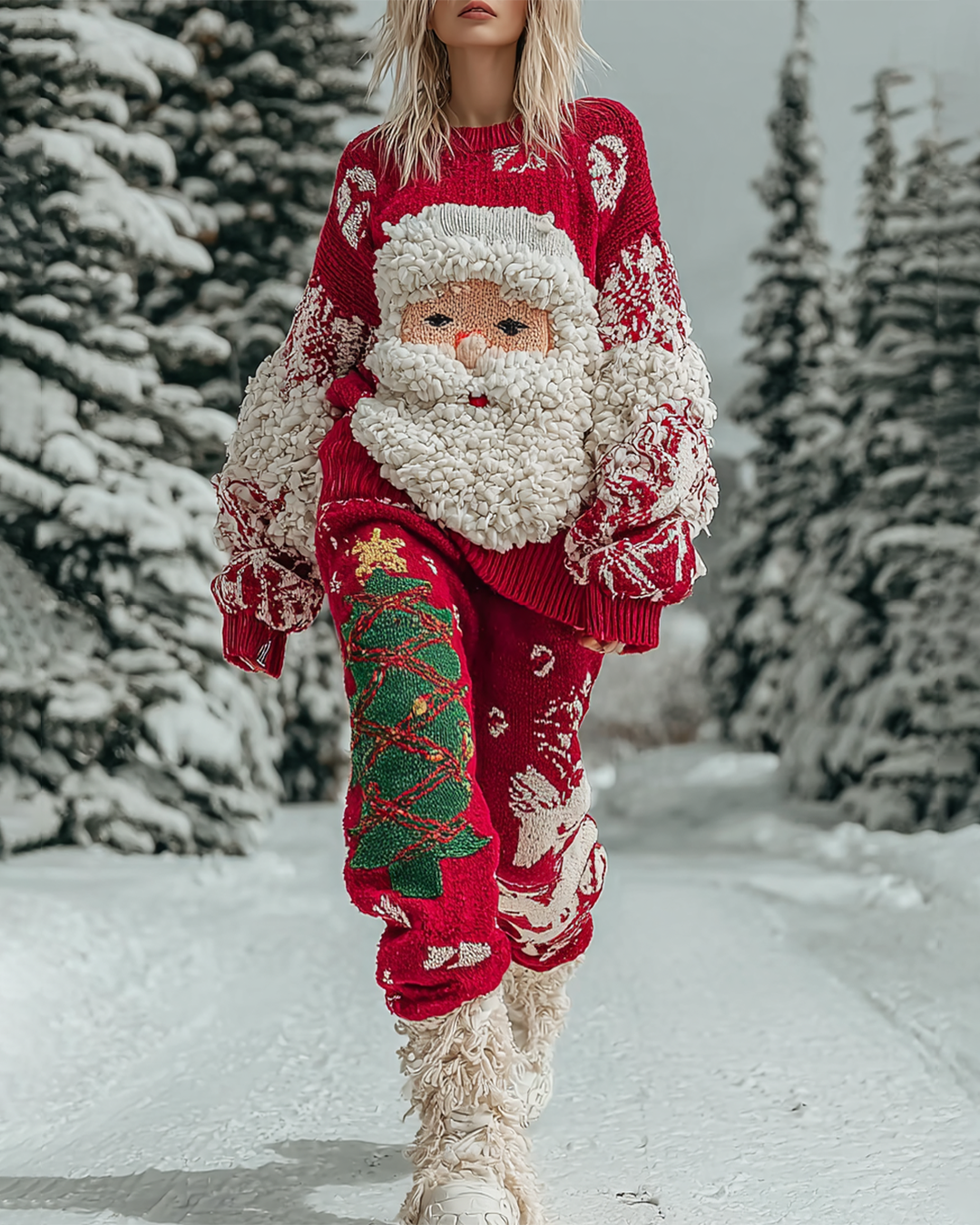 Christmas Themed Santa Claus Embroidered Knit Sweater and Pants Two ...