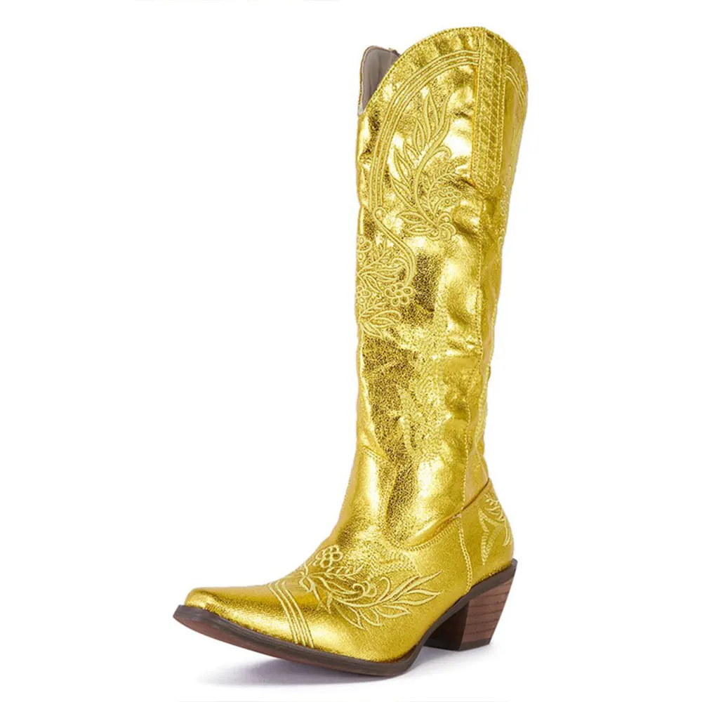 Gold Metallic Finish Pointed Floral Embroidered Cowgirl Boots