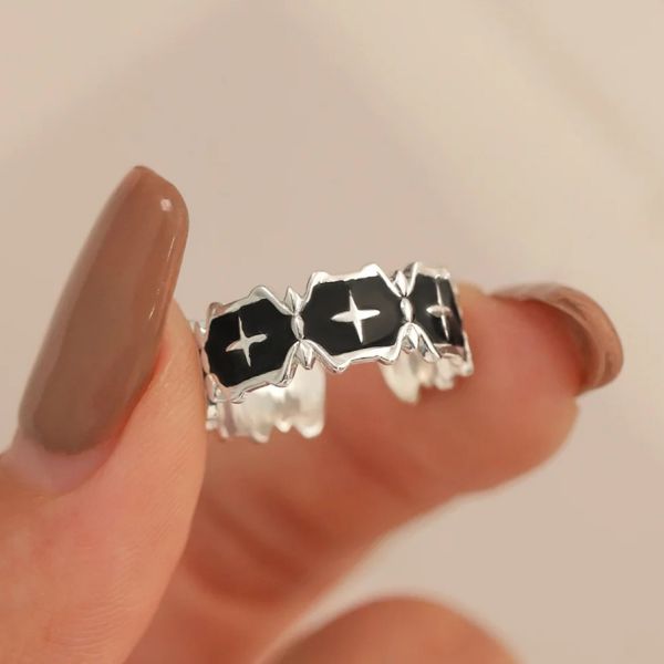 Sterling Silver Airy Enamel Black Cross Open End Ring