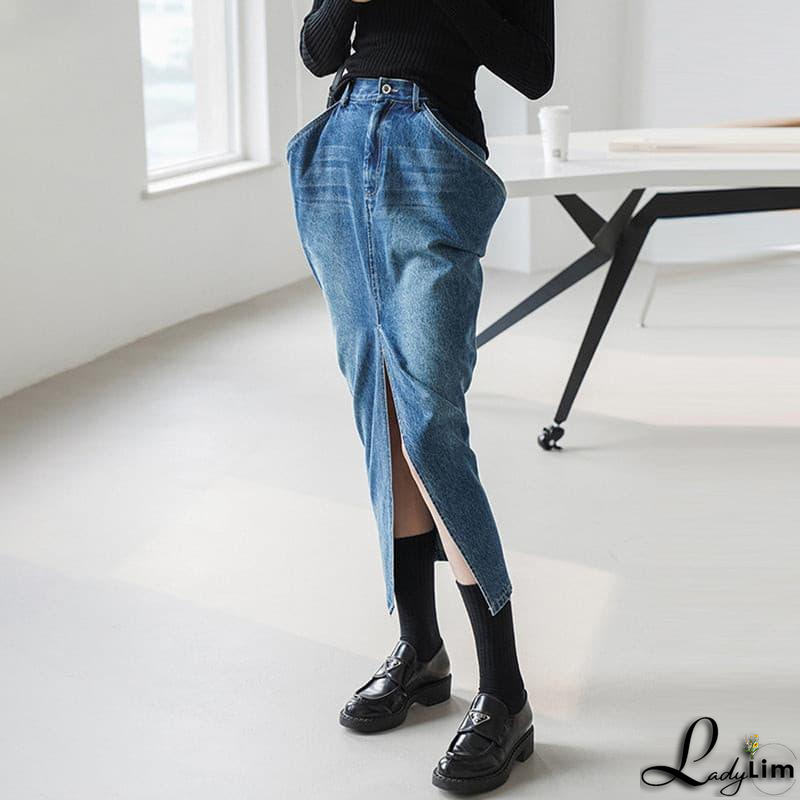 Street Style Long Inverted Triangle Denim Skirt - Ladylim
