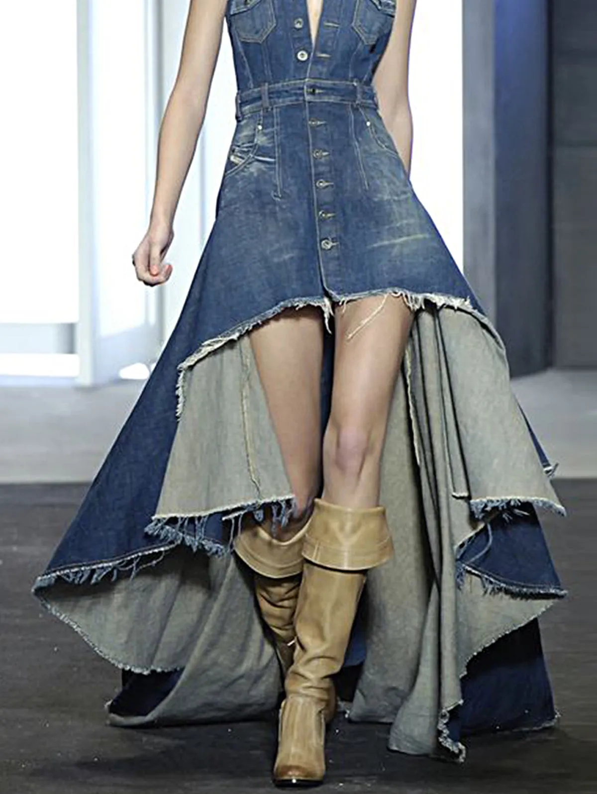 Daily Denim V Neck Sleeveless High Low Hem Mini Dress - Ladylim