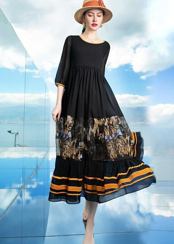 Italian Black O Neck Wrinkled Patchwork Print Silk Beach Holiday ...