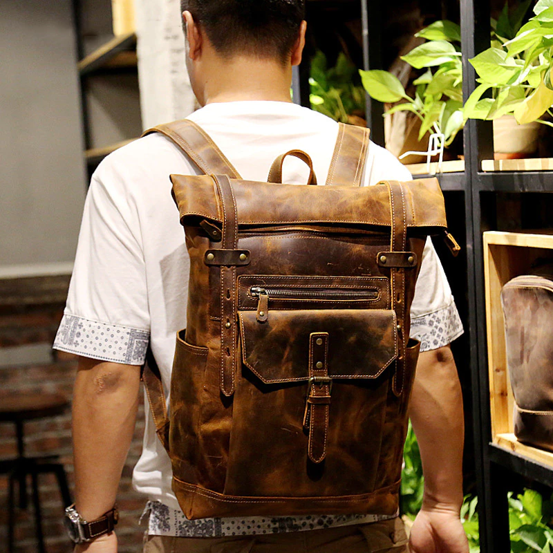 Mongw New Style Men's Leather Backpack Vintage Fashion Men Male Travel ...