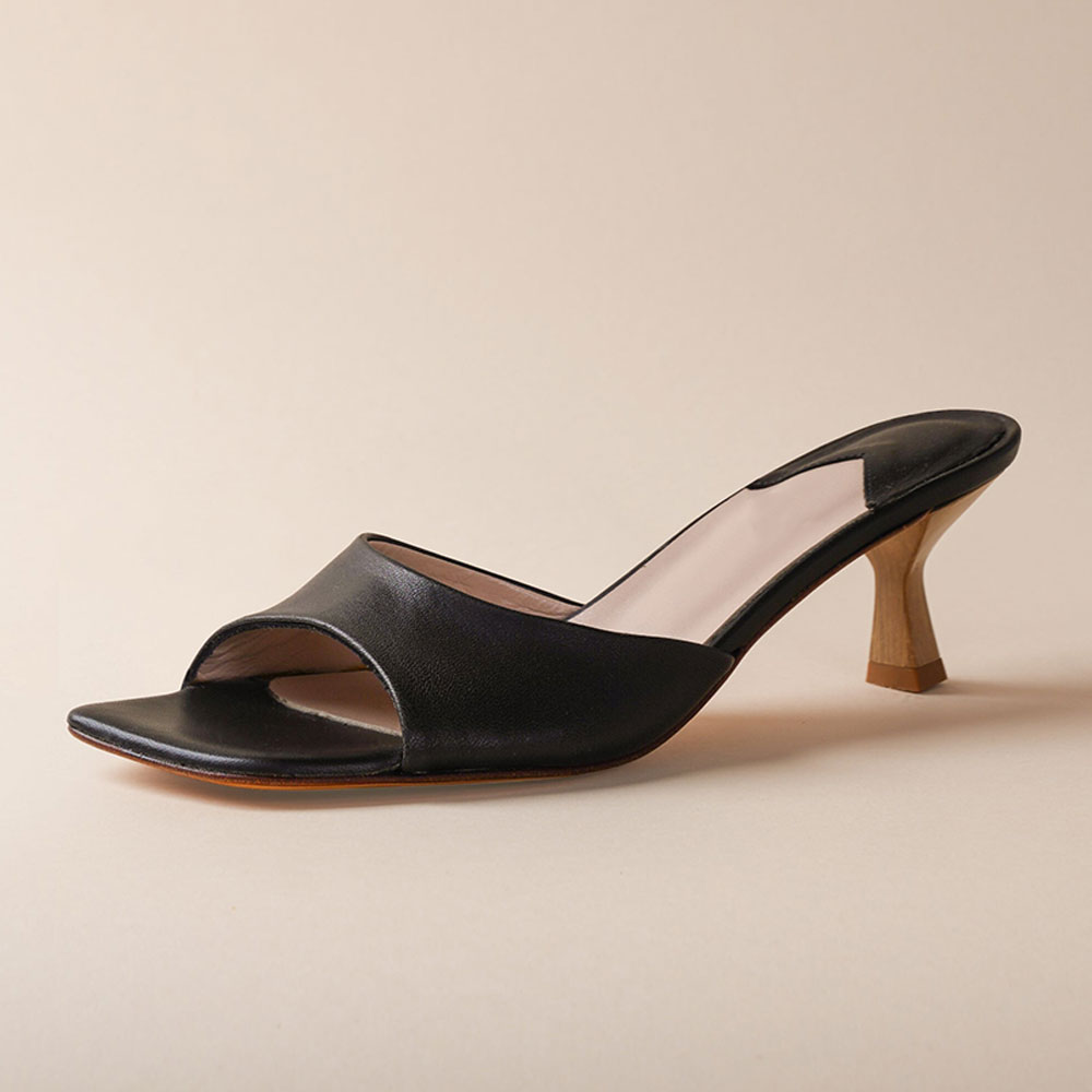 Black Open Square Toe Wide Band Kitten heel Mules for Women