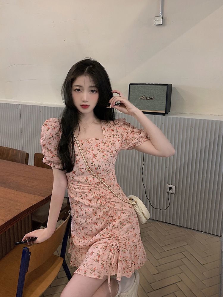 PINK FLORAL DRAWSTRING PUFF SLEEVE DRESS