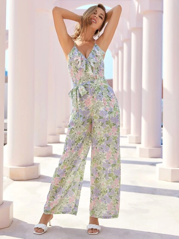Double Crazy Floral Belted Cami Jumpsuit