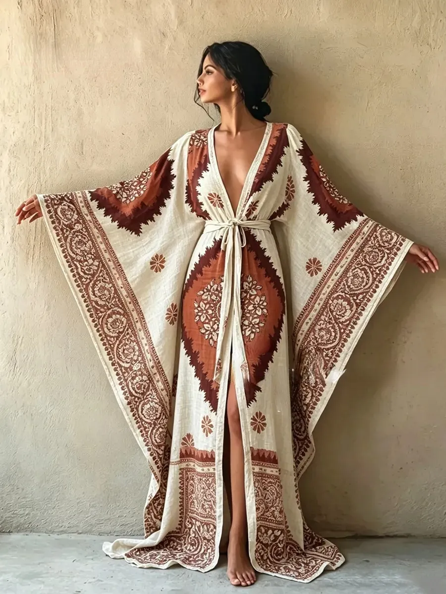 Women's Bohemian-Print Cotton-Linen Vacation Robe