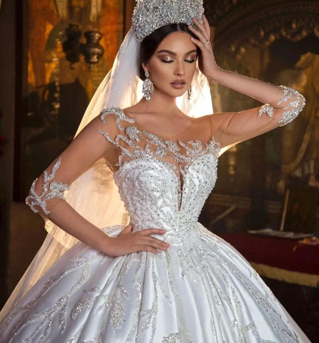 Gorgeous Long Princess Sweetheart Satin Wedding Dress With Sleeves