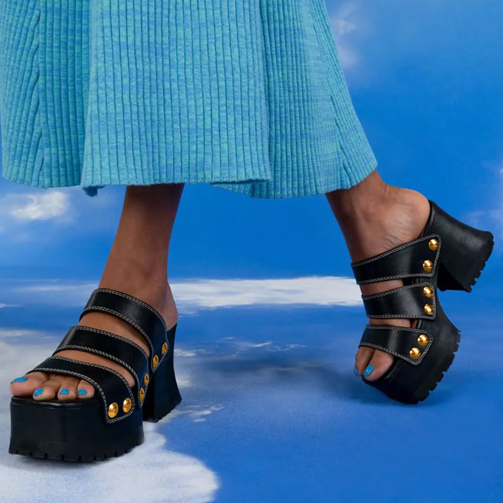 Black Rivet Square Toe 4'' Chunky Heel Platform Mules with Buckles