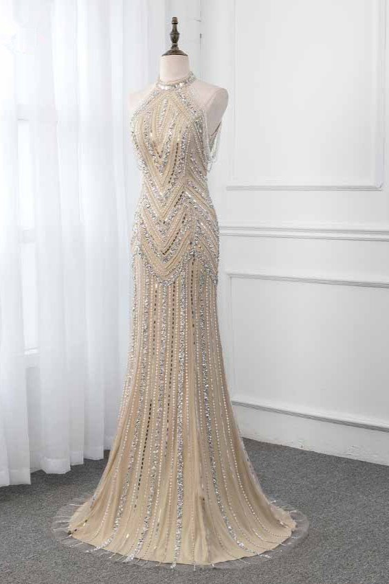 Daisda Elegant High Neck Sleeveless Mermaid Evening Dress with Beadings Sequins
