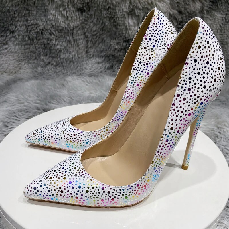 Silver Polka Dot Graffiti Leather Pointed Toe Stiletto Heel Shallow ...