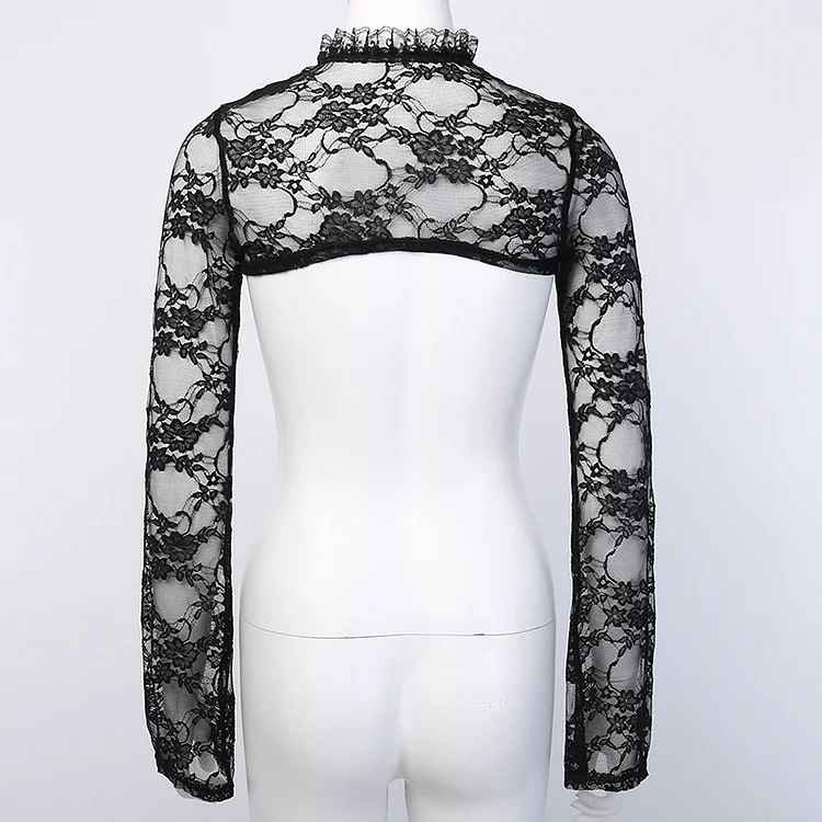 Vintage Lace See Through Stand Collar Long Sleeve Cape