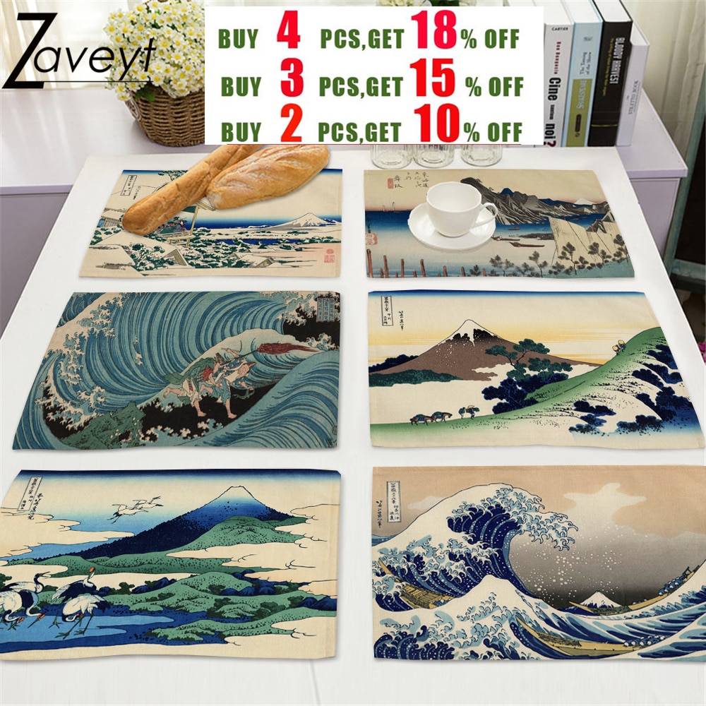 Nigikala Japanese The Great Wave of Kanagawa Wave Place Mats Mount Fuji ...