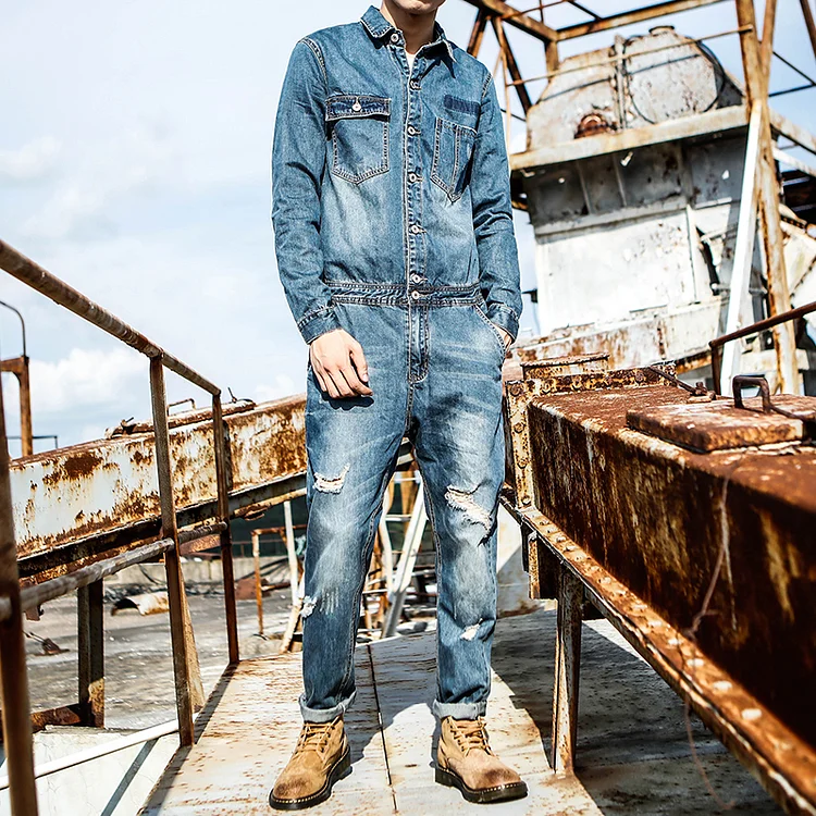 Retro Biker Denim Ripped Jacket Long Sleeve Jumpsuit