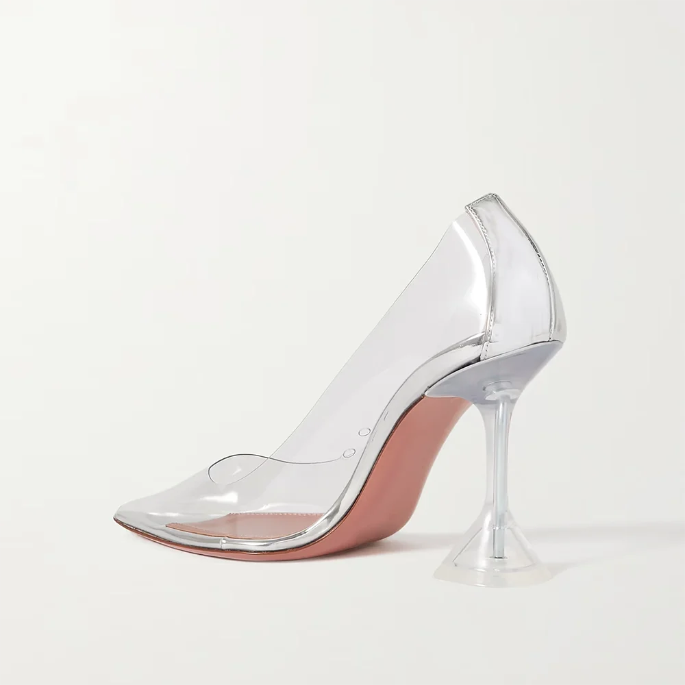 Metallic Silver Pointed Toe Flared Heel Clear Pumps
