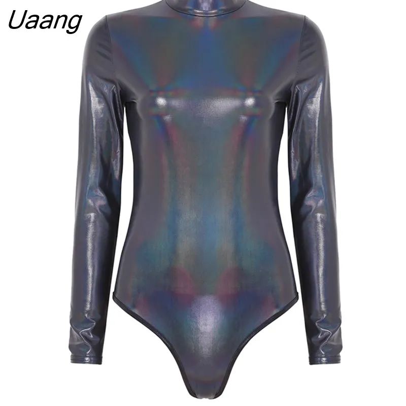 Uaang Women Shiny Metallic Long Sleeves Gymnastics Leotard Bodysuit ...