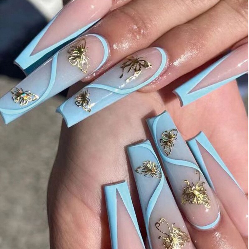 Churchf V Shape Blue Faux Ongles Reutilisable French Fake Nails Set ...