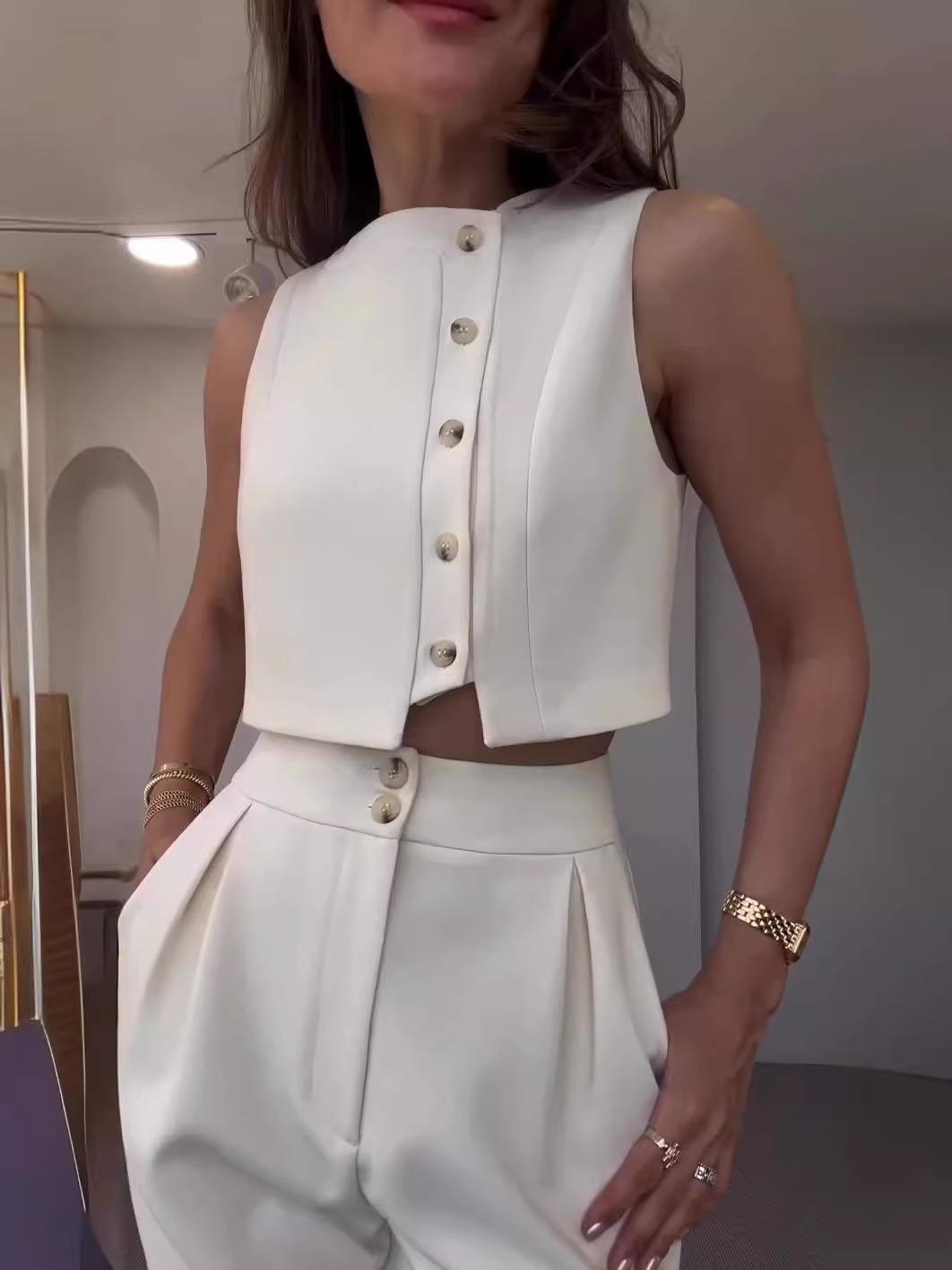 SCACTO High Waist Button Up Vest & Pants Suit Set 48.99