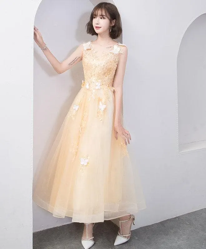 Gold V Neck Tulle Lace Short Prom Dress
